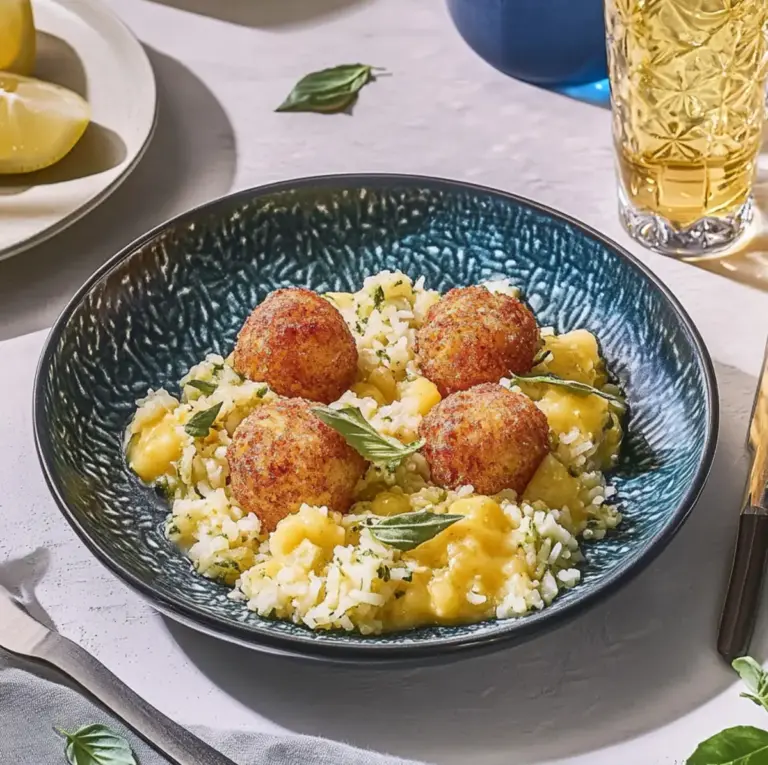 Leckere panierte Kartoffelklöße auf Rahmlauch mit Schnittlauch